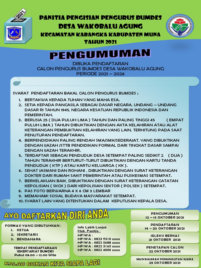 Contoh PENGUMUMAN Pendaftaran Calon Pengurus BUMDES | PDF