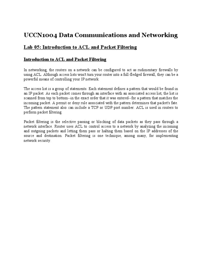 Uccn1004 Lab 05 Intro To Acl And Packet Filtering Pdf Firewall Computing Computer 
