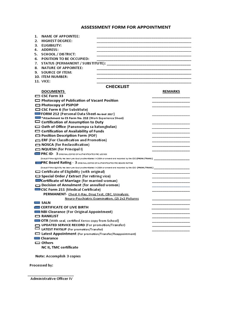 ASSESSMENT FORM FOR APPOINTMENT Newly Hired | PDF
