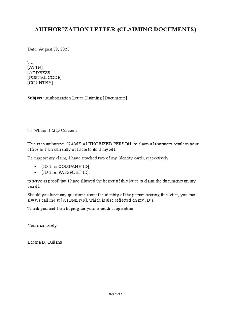 Authorization Letter To Claim Documents | PDF
