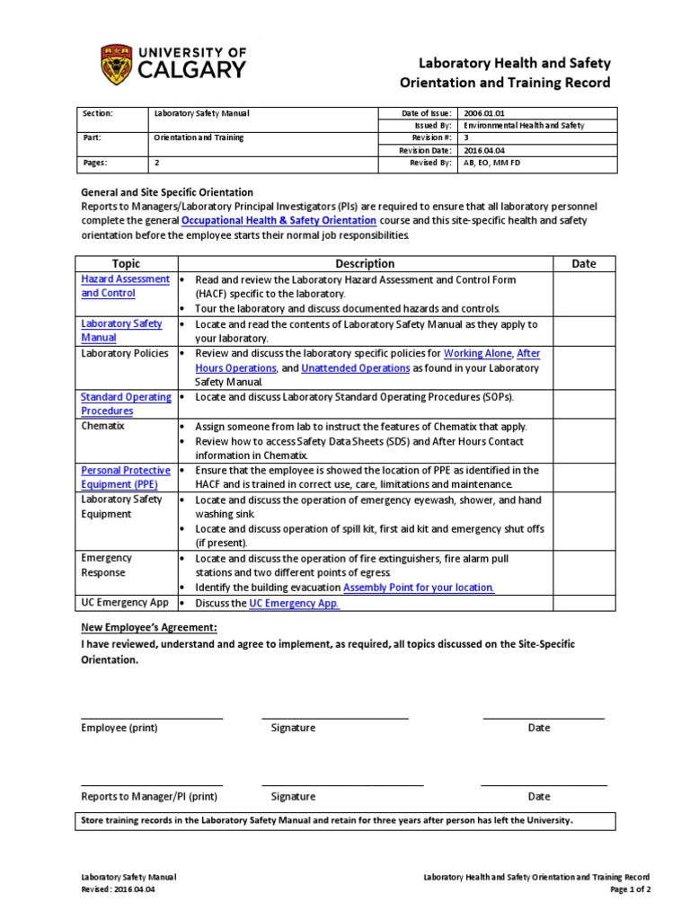 Laboratory Health and Safety Orientation and Training Record | PDF ...