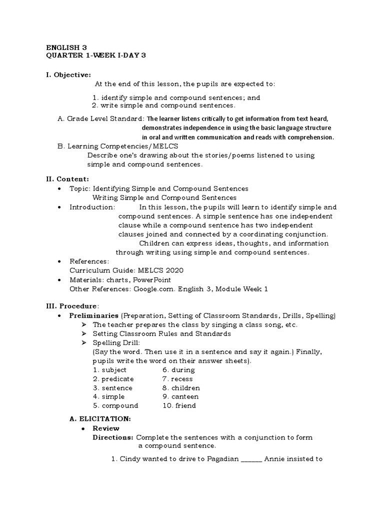 English 3-Q1-Week 1-Day 3 | Download Free PDF | Sentence (Linguistics ...