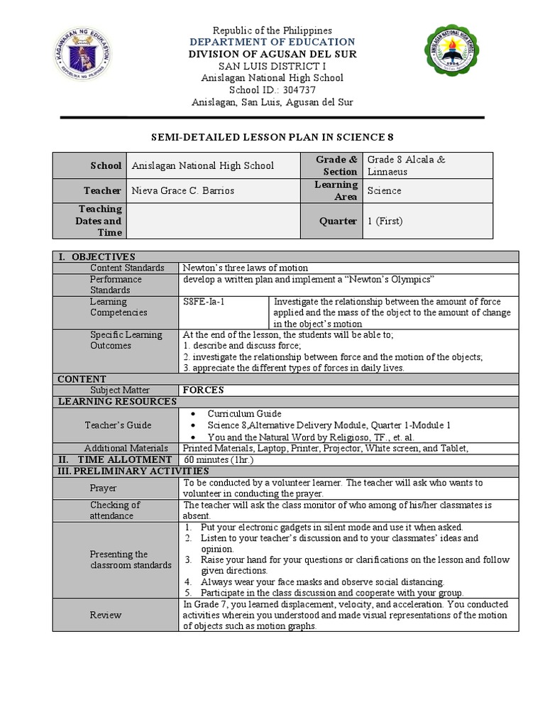 Grade 8 Forces and Motion Lesson Plan | PDF | Force | Learning