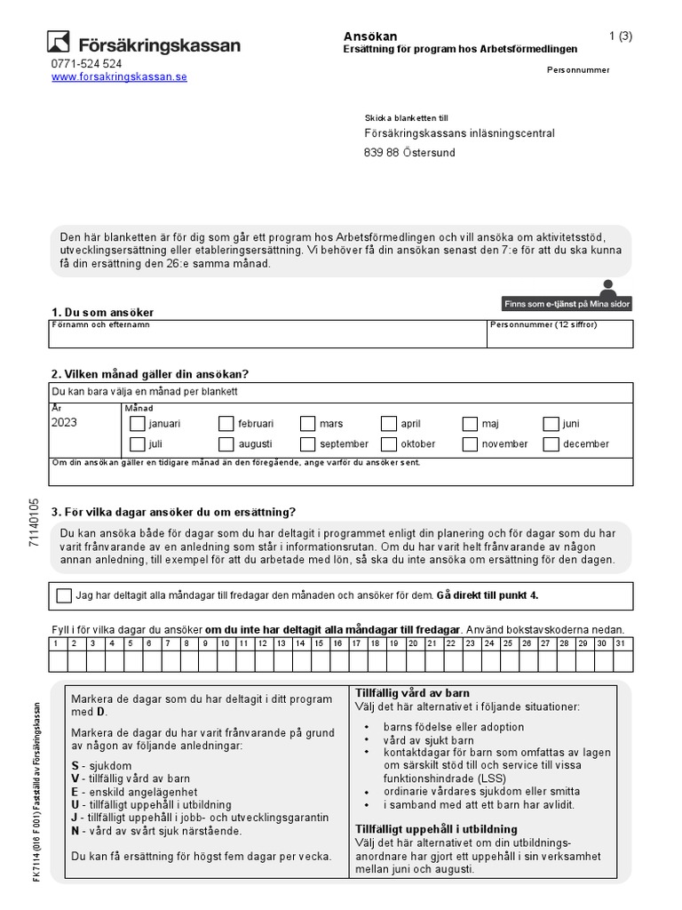 7114 Ansok Ersattning For Program Hos Arbetsformedlingen | PDF