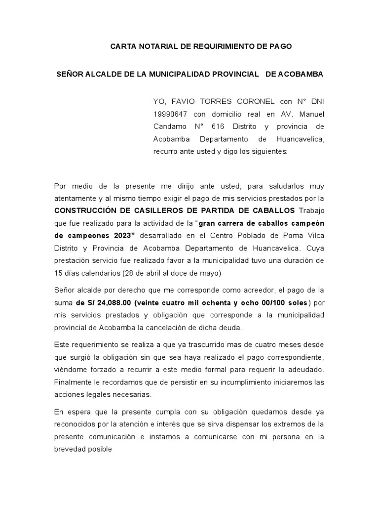 Carta Notarial de Requirimiento de Pago | PDF