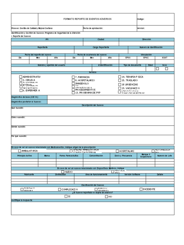 Formato Reporte de Evento Adversos | PDF | Farmacia | Especialidades Medicas