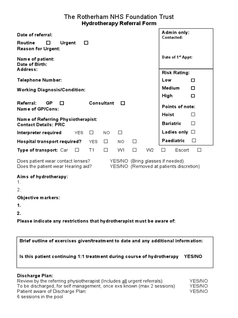 Hydrotherapy Referral Form and Risk Assessment Template For SystmOne ...