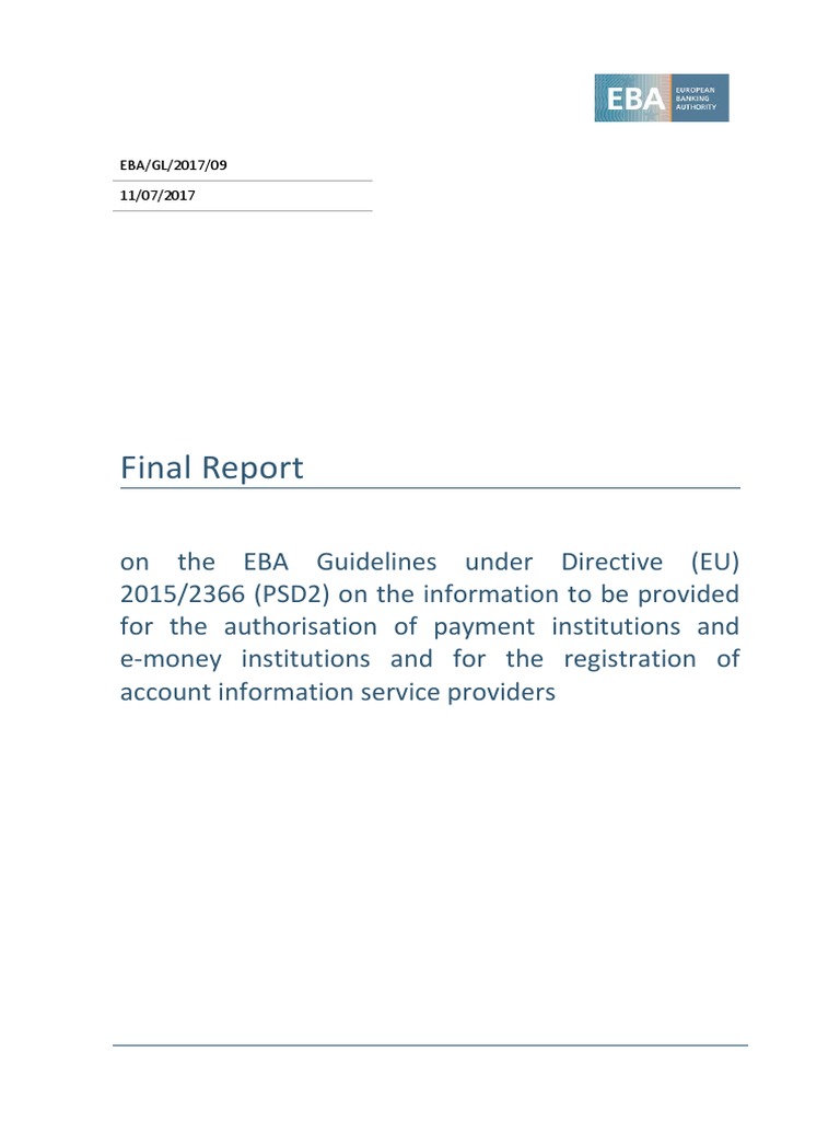 Final Guidelines On Authorisations of Payment Institutions (EBA-GL-2017 ...