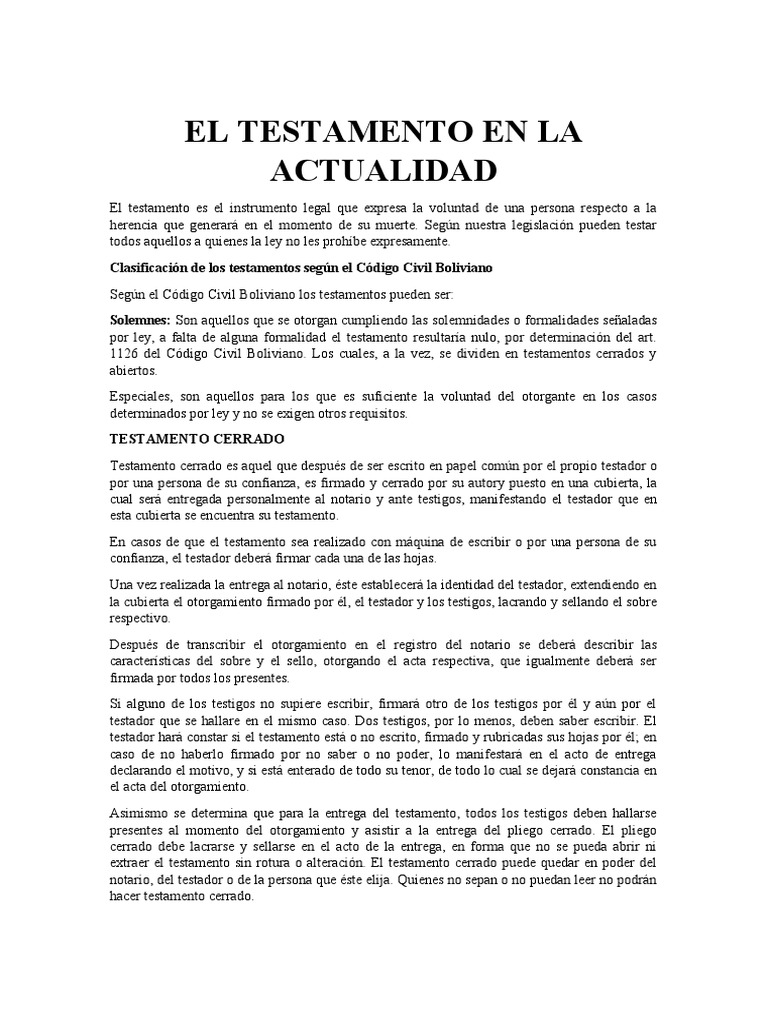 Tipos y requisitos del testamento en Bolivia | PDF | Voluntad y ...
