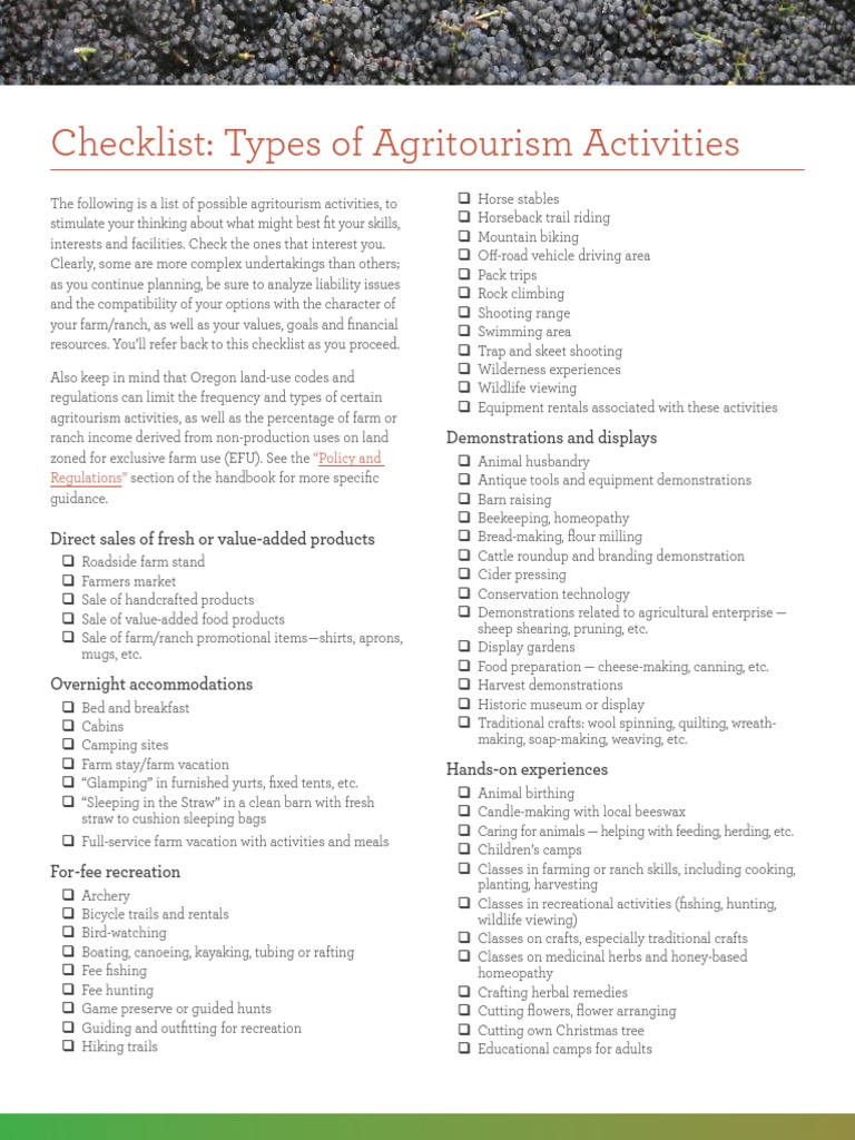 Agritourism Activities Checklist | PDF | Farms | Agriculture