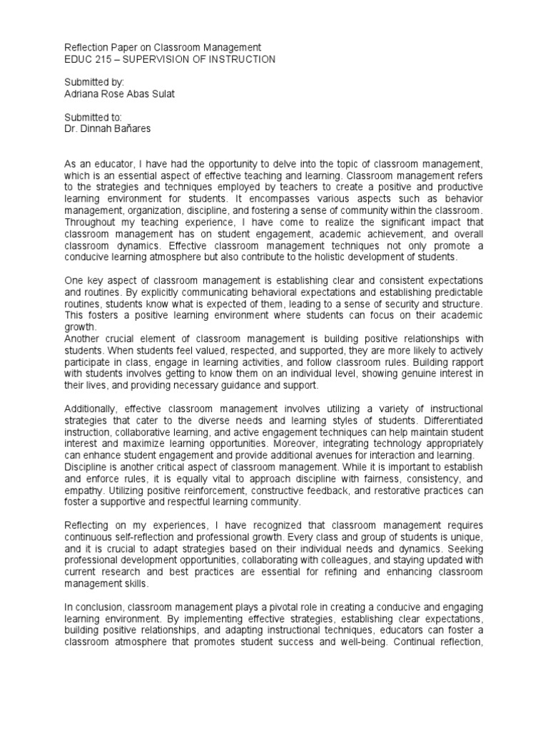 Reflection Paper On Classroom Management | PDF | Classroom Management ...