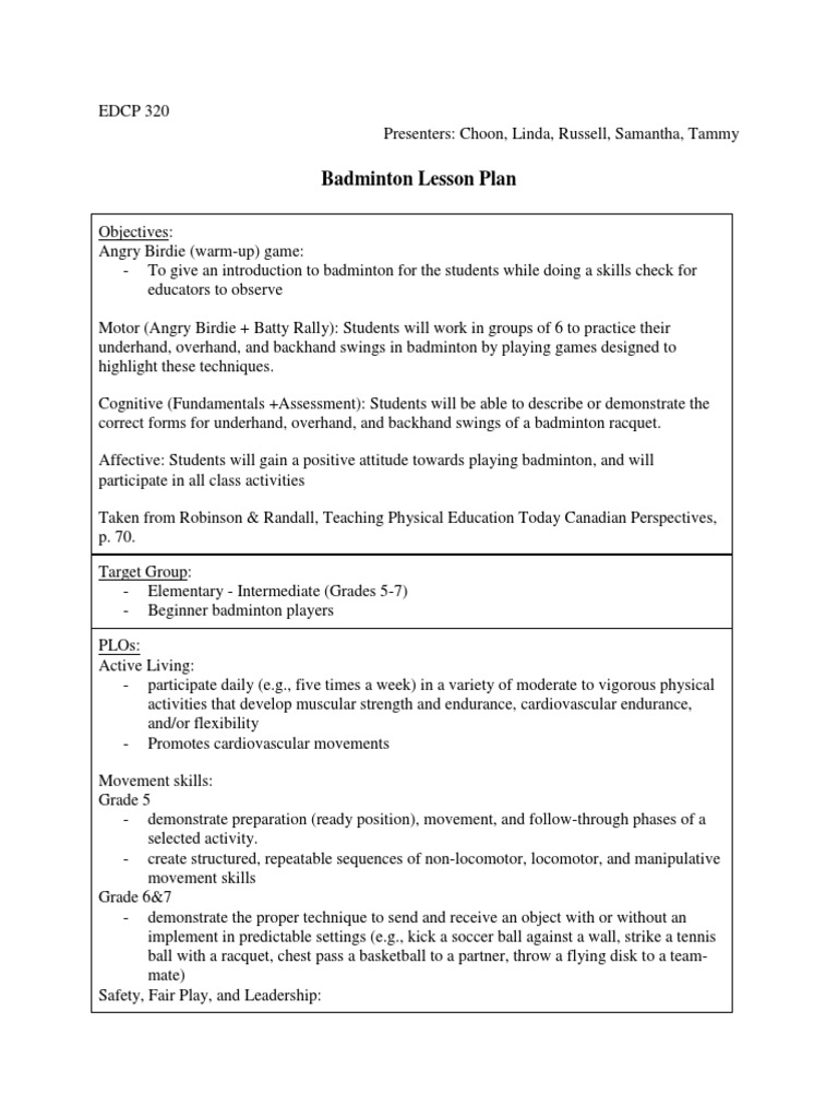 Badminton Lesson Plan | PDF