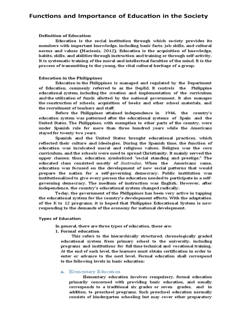 Functions and Importance of Education in The Society | PDF ...