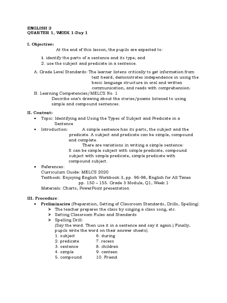 English 3-Q1 Week 1-Day 1 | PDF | Subject (Grammar) | Verb