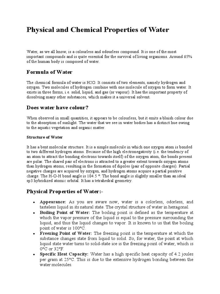 Physical and Chemical Properties of Water | PDF | Properties Of Water ...