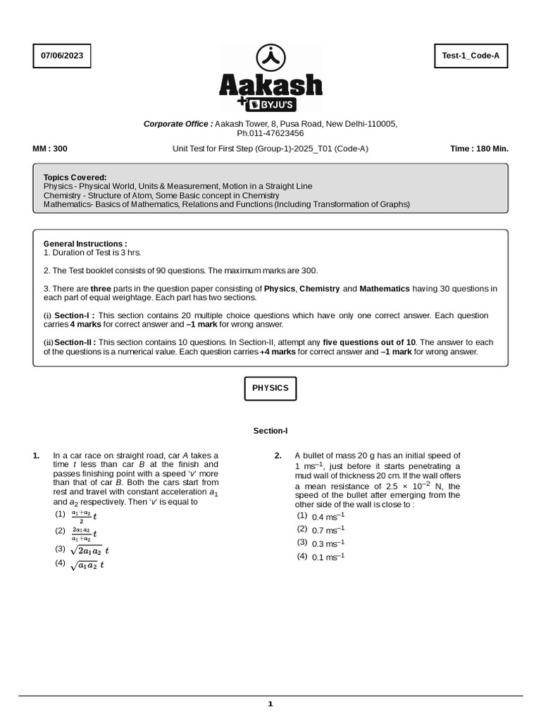 Unit Test For First Step (Group 1) 2025 - T01 (Code A) - 07 06 2023 ...