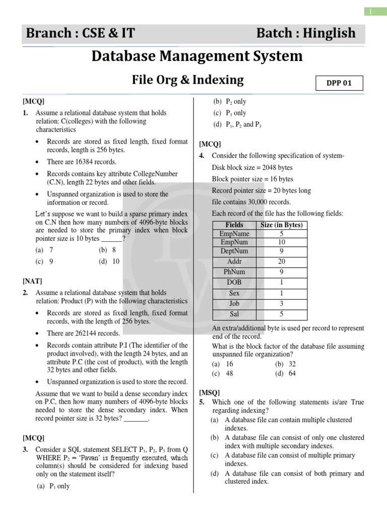 File Org & Indexing - DPP 01 | PDF | Database Index | Computer Programming File Org & Indexing - DPP 01 | PDF | Database Index | Computer Programming