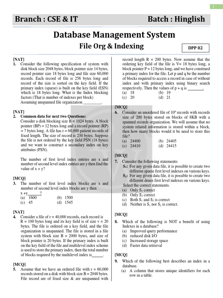 File Org And Indexing Dpp 02 Pdf Database Index Computer Science