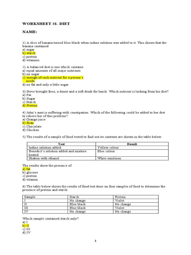 Diet Worksheet 1 | PDF | Starch | Carbohydrates