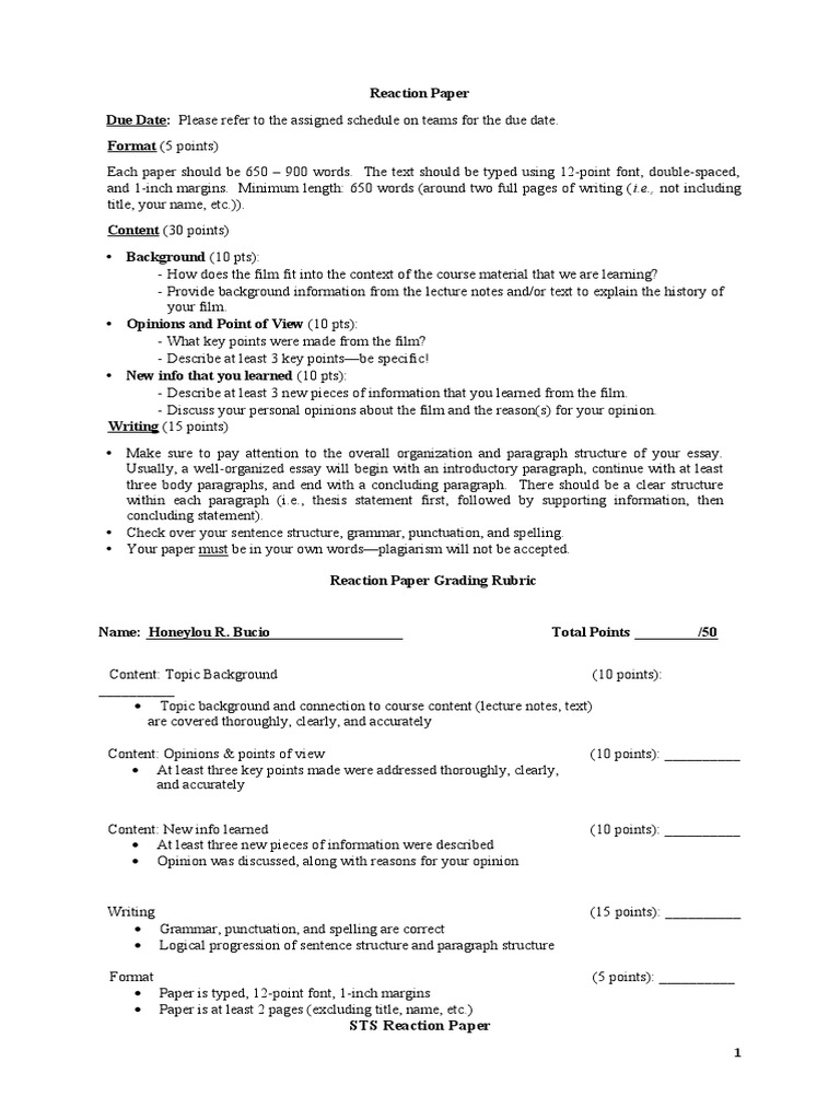 STS Reaction Paper Rubric | PDF | Genetically Modified Organism ... STS Reaction Paper Rubric | PDF | Genetically Modified Organism ...