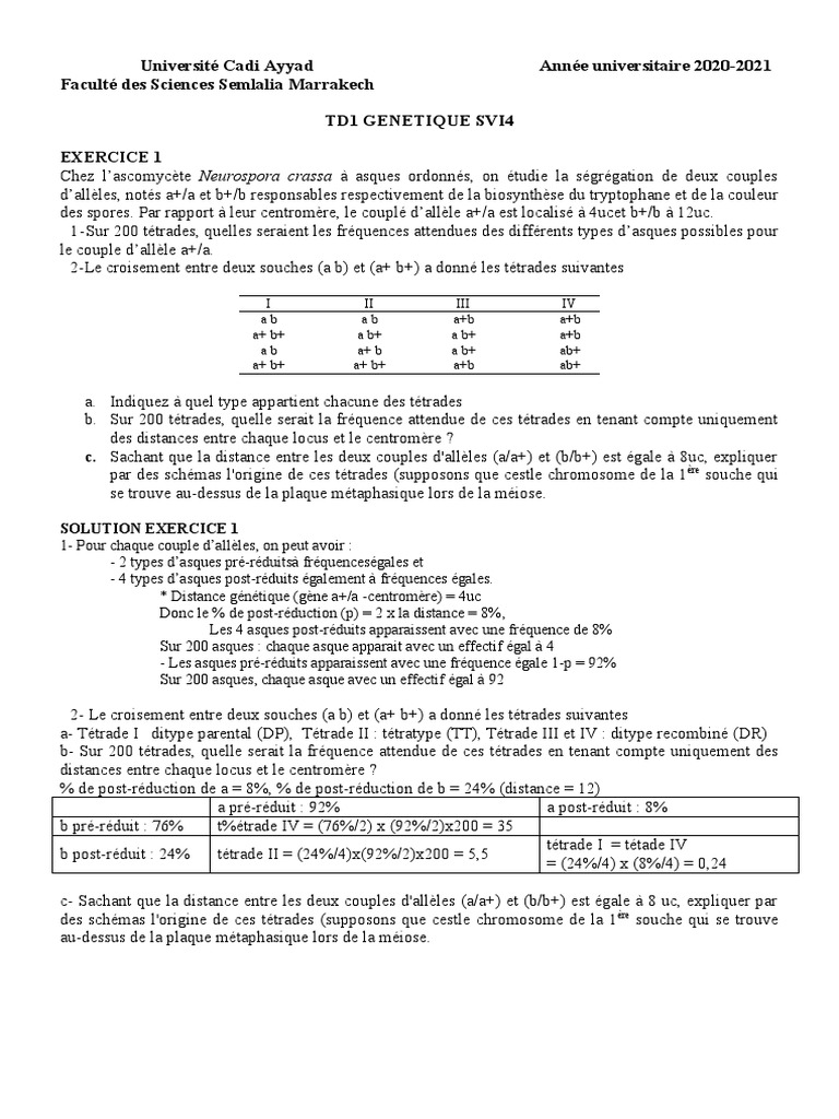 TD1 Genetque SV4 - 2021 | PDF | Méiose | Allèle