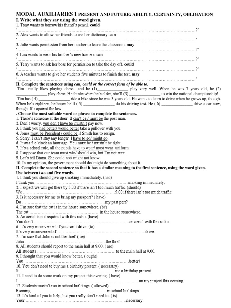 Modal Auxiliaries: Ability & Obligation Exercises | PDF | Language Arts ...