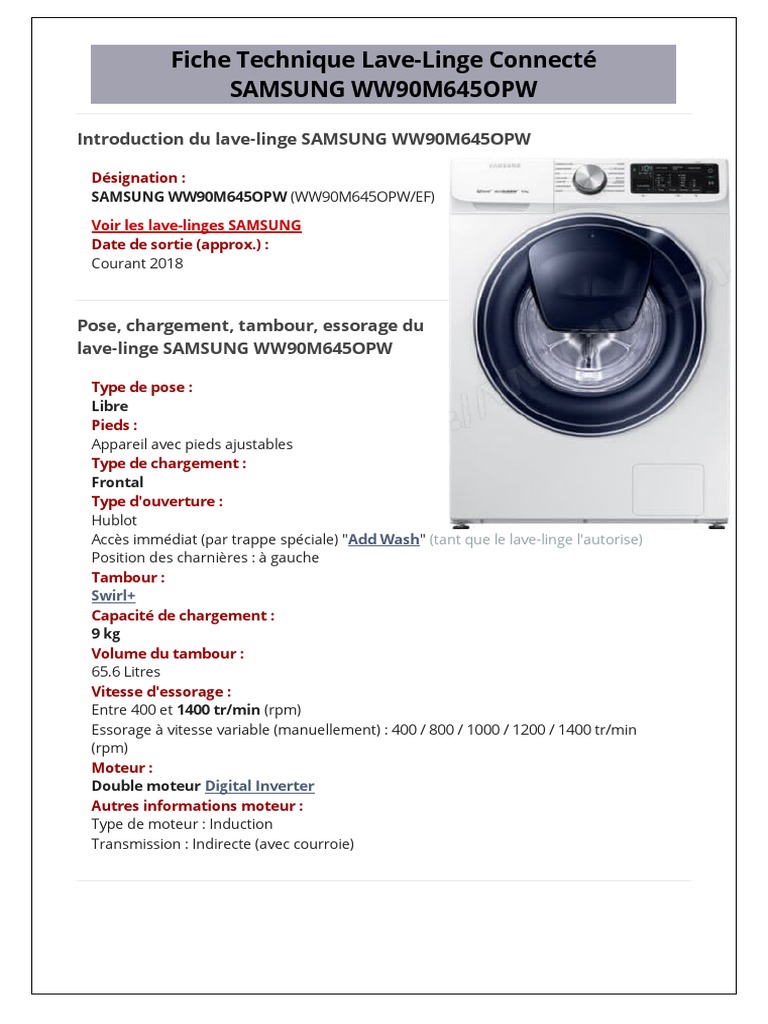 Fiche Technique Lave-Linge Samsung WW90M645OPW | PDF | Machine à laver ...