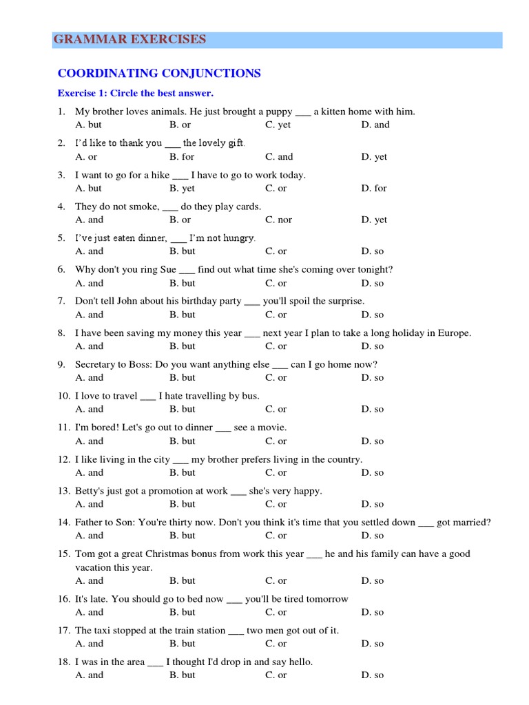 Grammar Exercises - Conjunctions | PDF