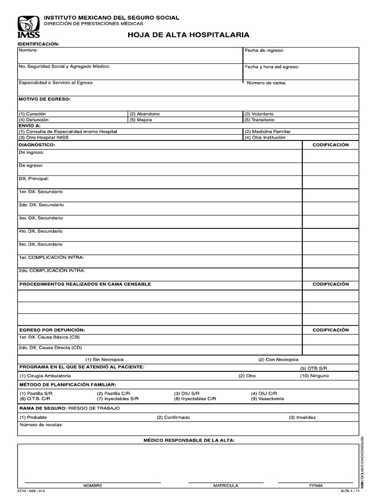 13 Hoja de Alta Hospitalaria - 2E10 - 009 - 013 - ALTA 1 - 17 - Carta - Anverso | PDF