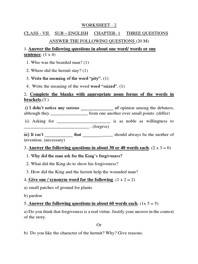 Vii Eng L-1 Three Questions Ws 2 Unsolved) | PDF