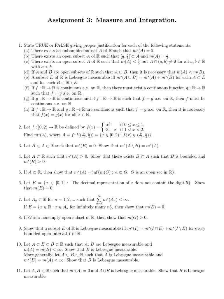 Real Analysis (Assignment 1) | PDF | Lebesgue Integration | Integral