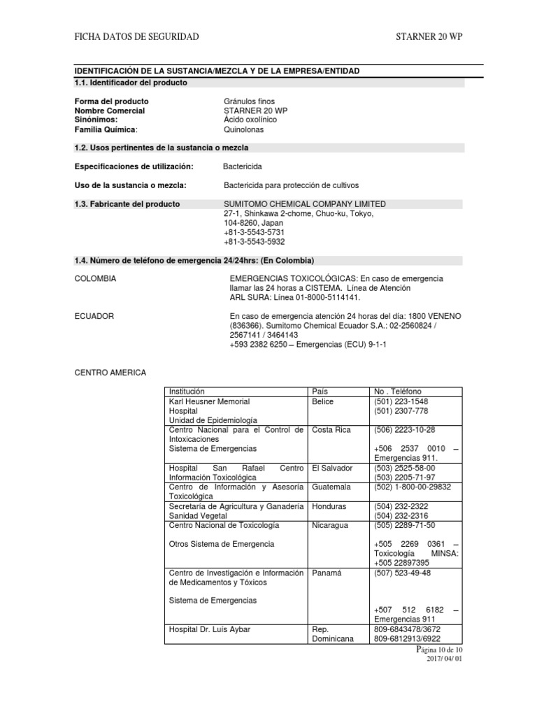 Starner 20 WP MSDS | PDF | Administración de Seguridad y Salud ...