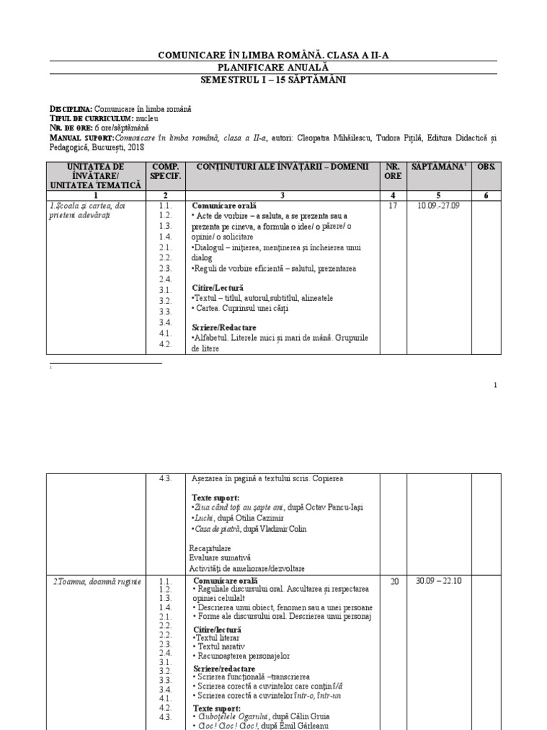 Planificare Anuala Clasa A II - A CLR | PDF