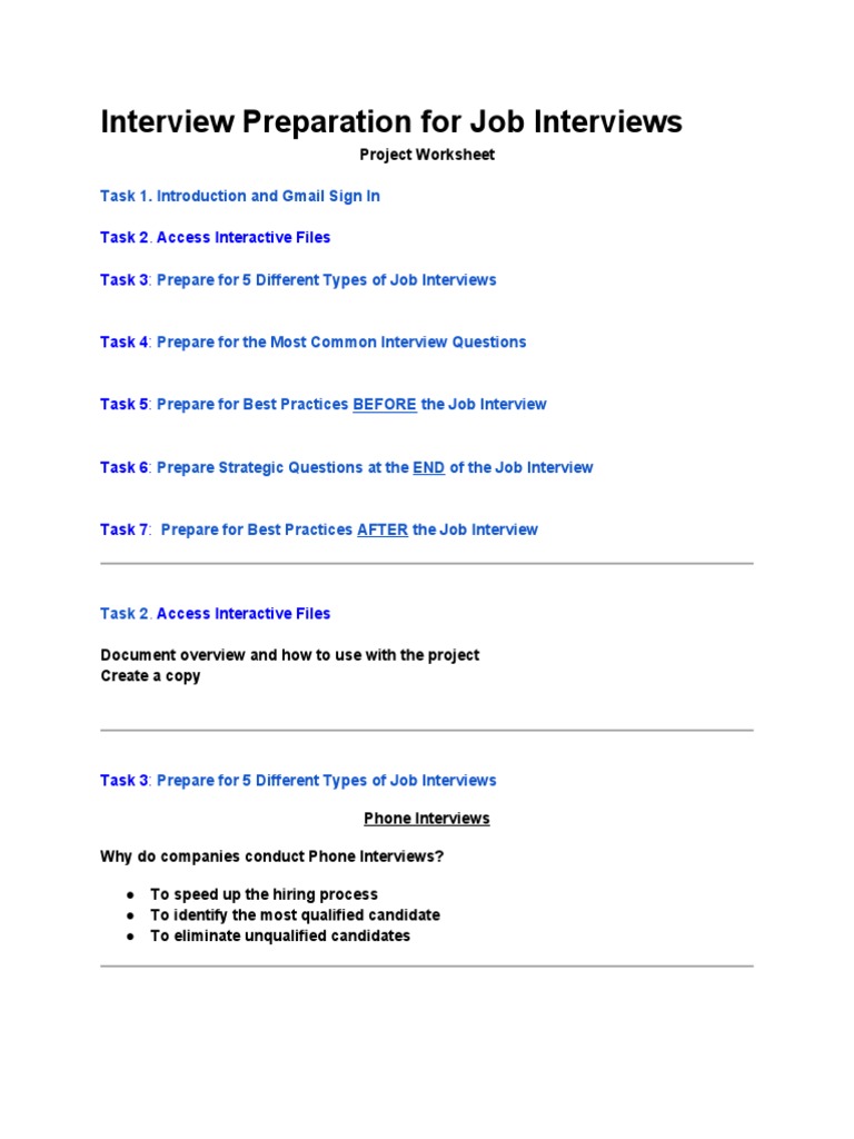 Interview Preparation For Job Interviews Project Worksheet | PDF | Job Interview | Cognition