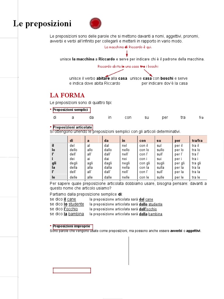 Scheda Preposizioni 2 | PDF