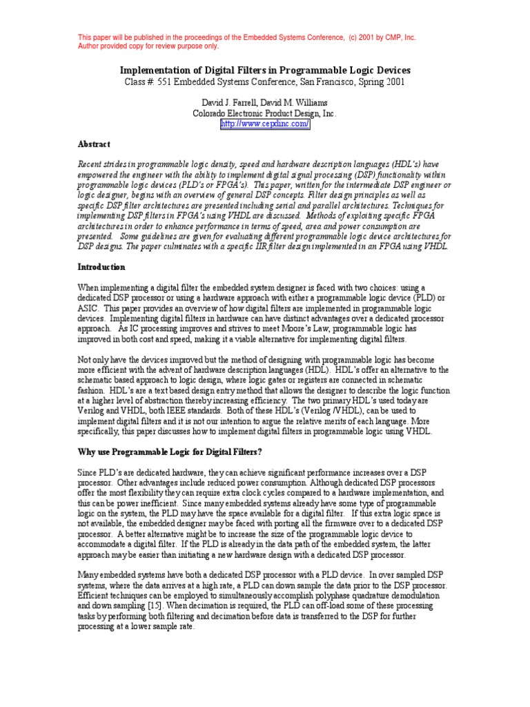 Digital Filters In Programmable Logic Devices Pdf Field Programmable Gate Array Hardware
