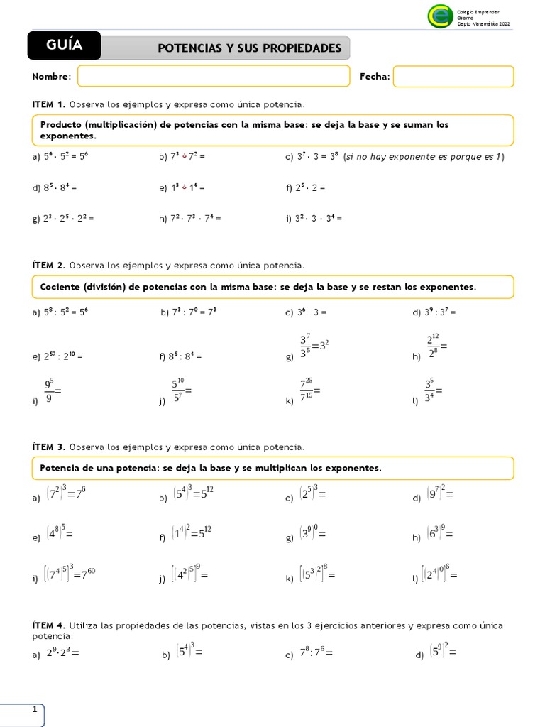 Ejercicios de Potencia | PDF | Exponenciación | Multiplicación