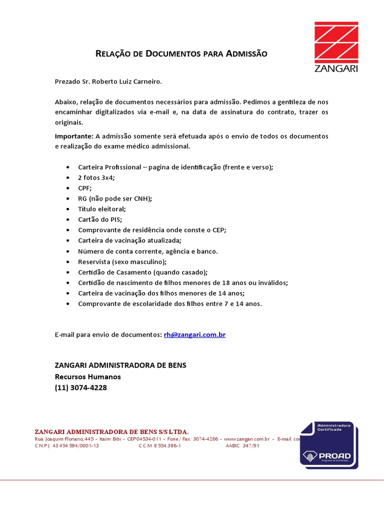 Documentos para Admissão - Roberto Luiz Carneiro | PDF