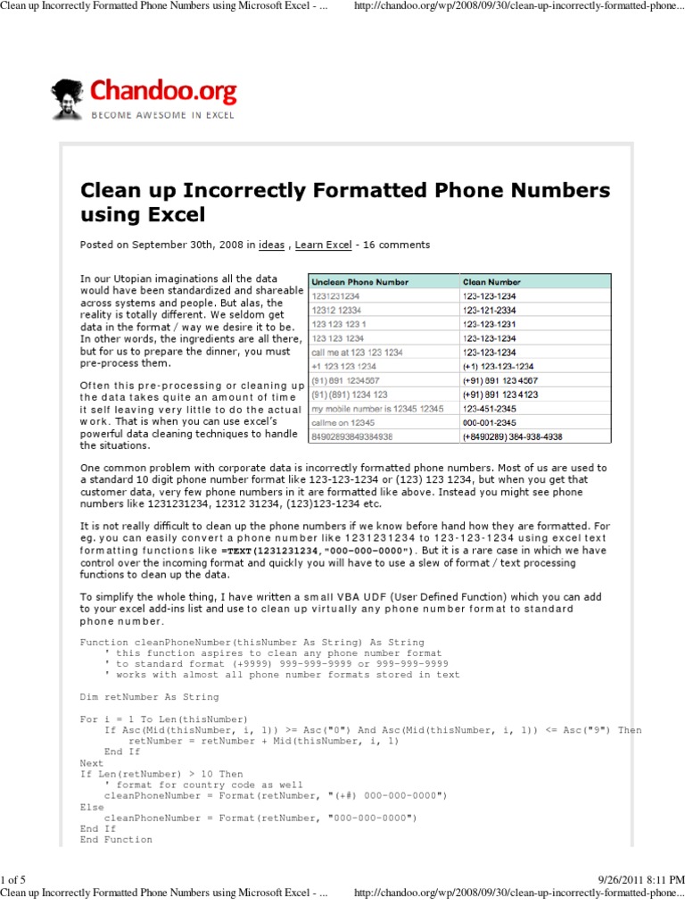 Clean Up Incorrectly Formatted Phone Numbers Using Microsoft Excel Vba Udf User Defined