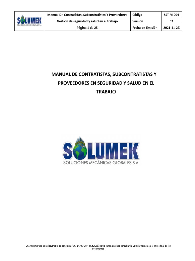 Manual de Contratistas, Subcontratistas y Proveedores en SST | PDF | Outsourcing | Business