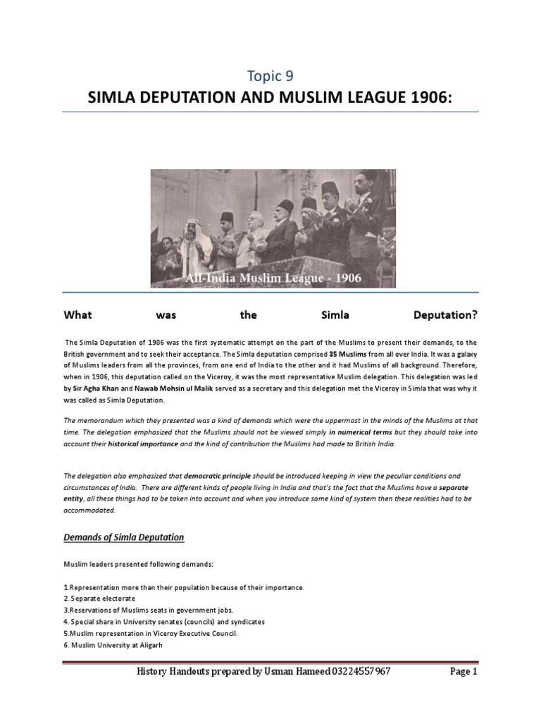 Topic 8, Simla Deputation and ML | PDF | All India Muslim League ...