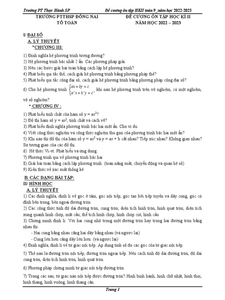 De Cuong hk2 Toan 9 Nam 2022 2023 Truong PT Thuc Hanh Su Pham Dong Nai | PDF