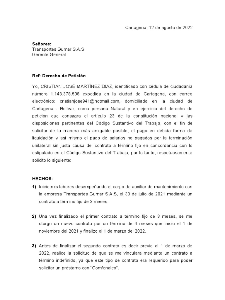 Derecho de Peticion - Transportes Gumar S.A | PDF | Daños y perjuicios ...