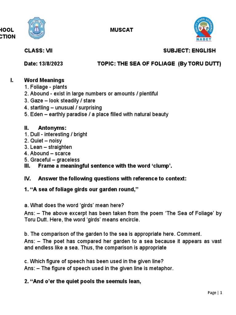 Sea of Foliage: Class 7 Q&A Guide | PDF | Trees