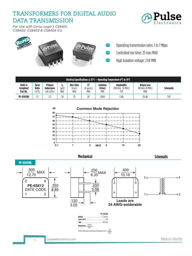 Datasheet t601 1608370087 Pulse TR | PDF | Transformer | Digital Audio