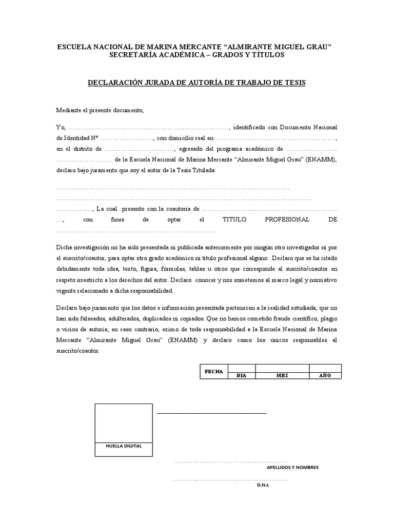 Declaración Jurada de Tesis ENAMM | PDF | Juegos y actividades