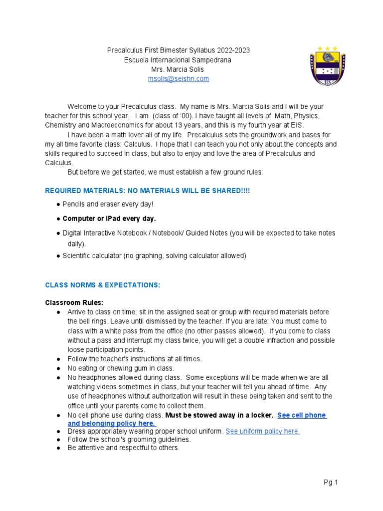 Precalculus First Bimester Syllabus | PDF | Polynomial | Zero Of A Function