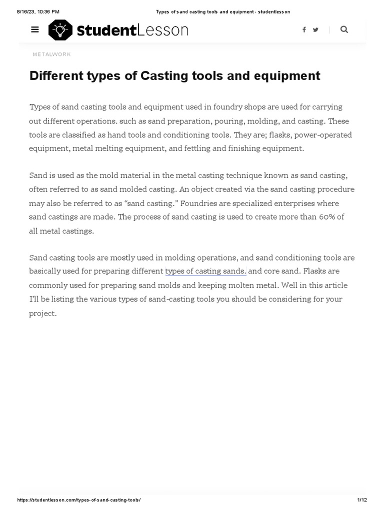 Types of Sand Casting Tools and Equipment - Studentlesson | PDF ...