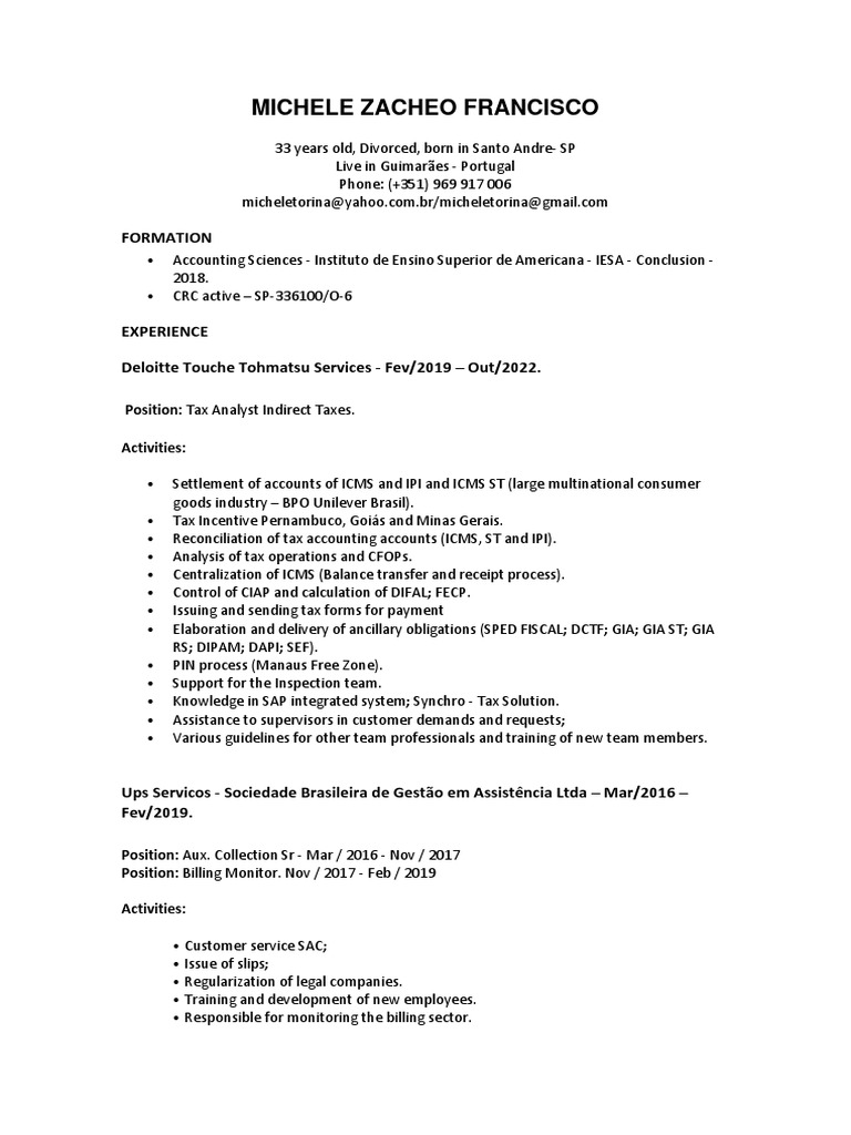 CV - Michele Zacheo Francisco | PDF | Trade | Money