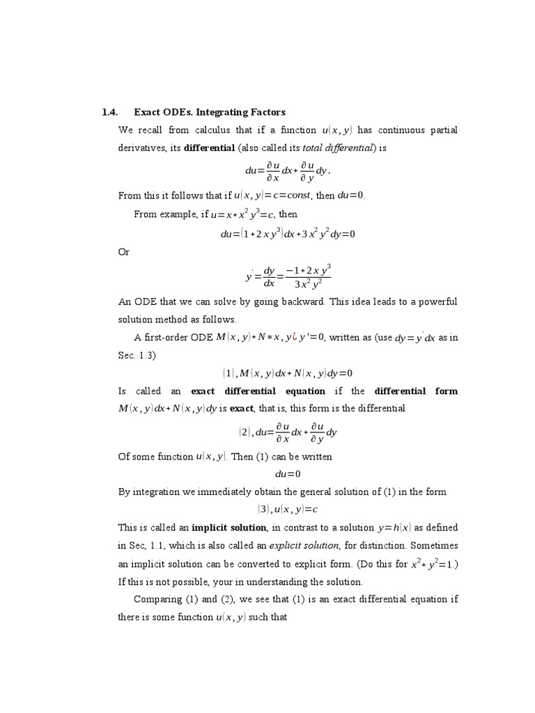 1.4. Exact ODEs. Integrating Factors | PDF | Ordinary Differential Equation | Differential Equations